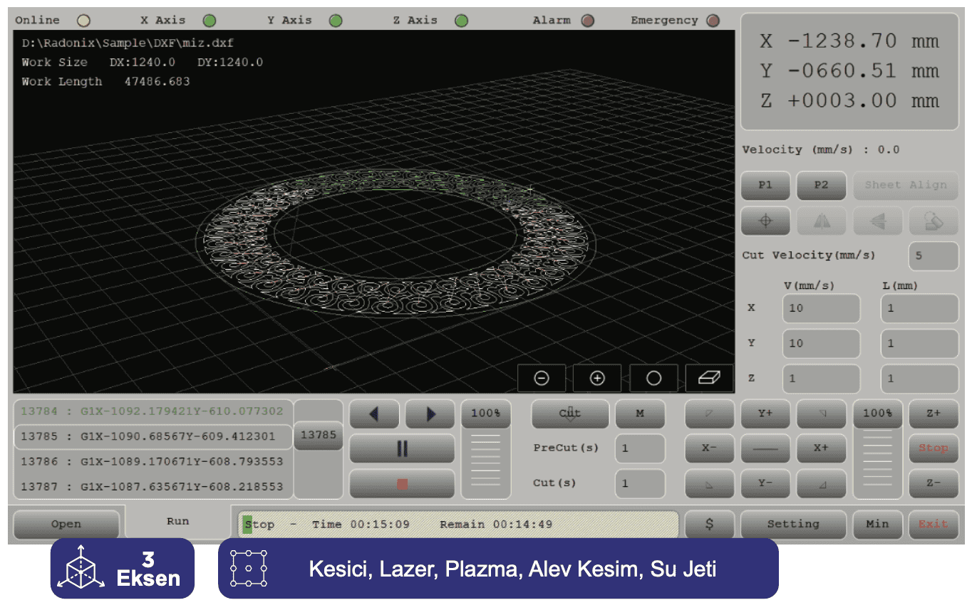 3 Eksen Kesim Makinesi Arayüz - XYZ-Cutter • Radonix CNC Kontrol Kartı - Donanım Yazılım ve Arayüz