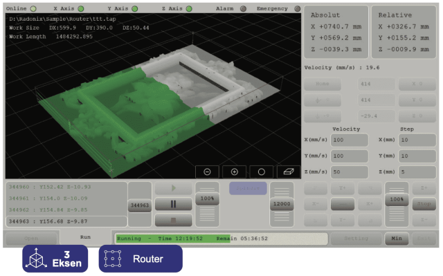 3 Eksen Router Makinesi Arayüz - XYZ Router • Radonix CNC Kontrol Kartı - Donanım Yazılım ve Arayüz