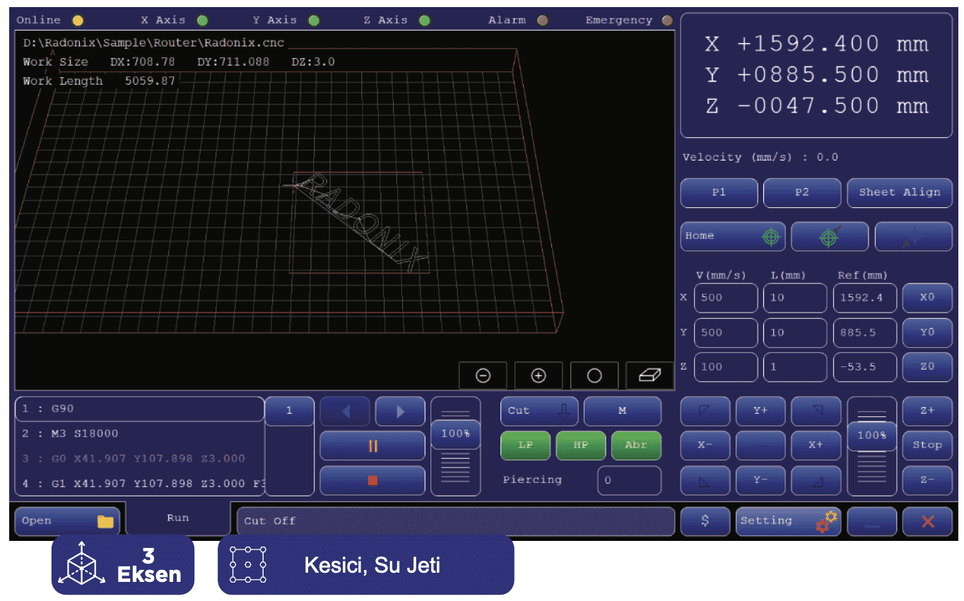 3 Eksen Su Jeti Arayüz - XYZ Water Jet • Radonix CNC Kontrol Kartı ...